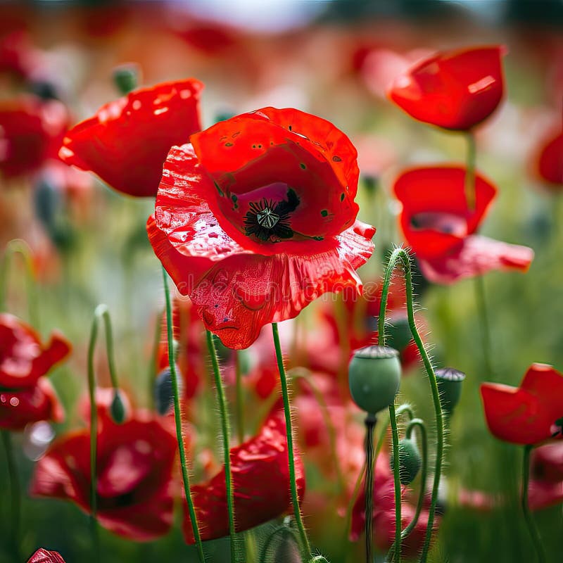 AI Generated Red Poppies on a Field at Sunset. Soft Focus Stock ...