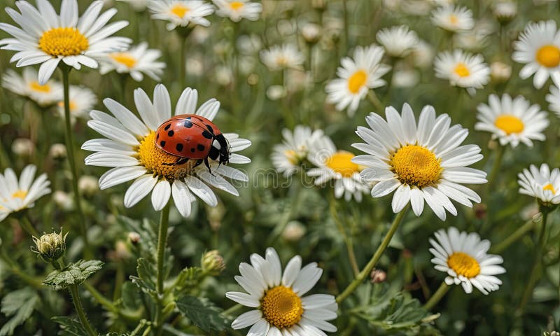 A Ladybug is Sitting on a Daisy in a Field of White Flowers. Stock ...