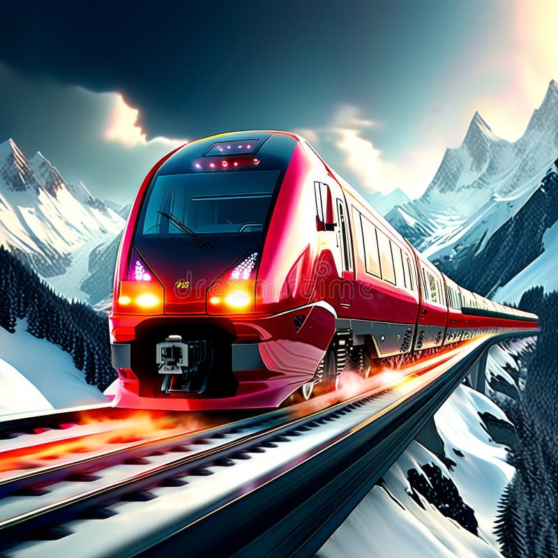 , AI Generated. Red Train Under Snowcapped Mountain Stock Illustration ...
