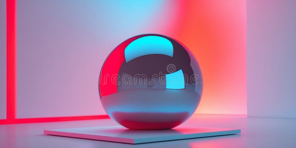 A Reflective Sphere Resting on a Platform with Red and Blue Lighting ...