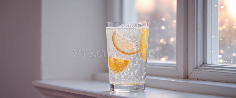 Refreshing Citrus Drink with Bubbles in a Glass by Window Stock Image ...