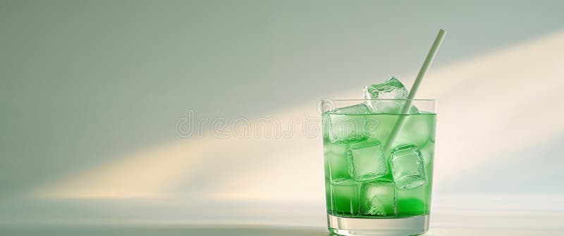 Refreshing Green Beverage with Ice Cubes and Straw in a Glass Captured ...