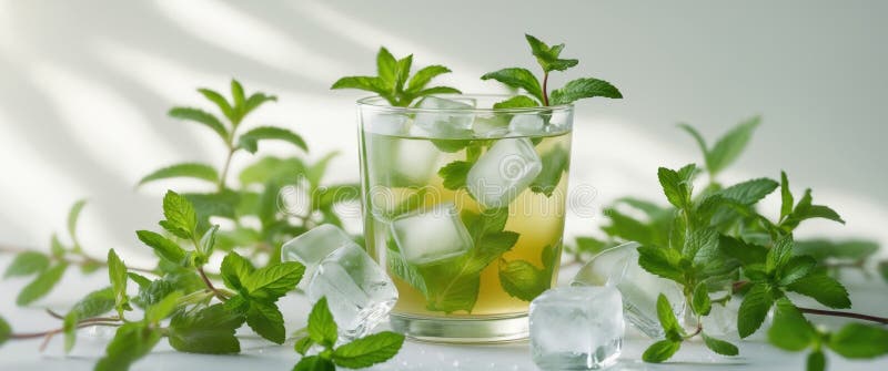 Refreshing Mint Iced Tea with Ice Cubes Surrounded by Fresh Mint Leaves ...