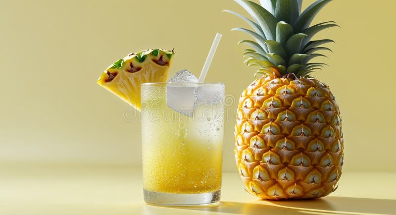 Refreshing Pineapple Drink Next To Tropical Pineapple on Yellow Background with Copy Space Stock ...