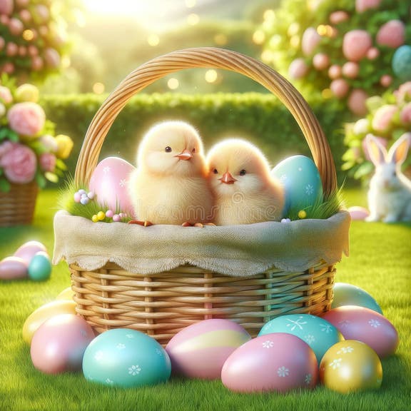 Easter Basket Eggs Bunny Chicks Backyard Hunt Spring Pastel Colors AI ...