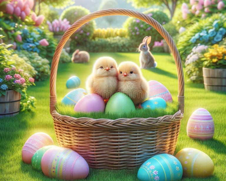 Easter Basket Eggs Bunny Chicks Backyard Hunt Spring Pastel Colors AI ...