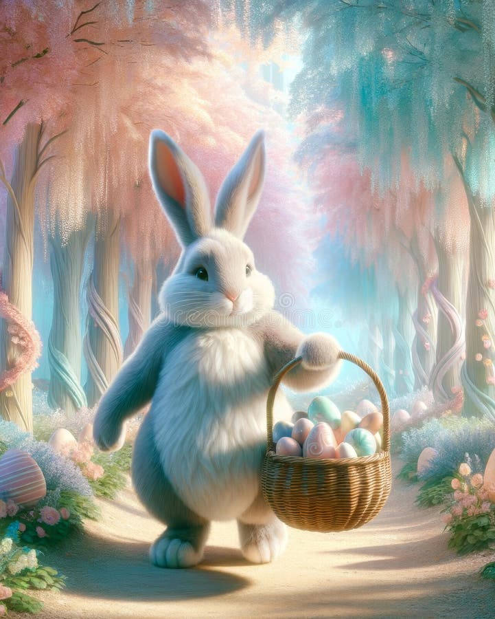 Adorable Joyful Cute Fun Easter Bunny Basket Eggs Forest Pastel Colors ...