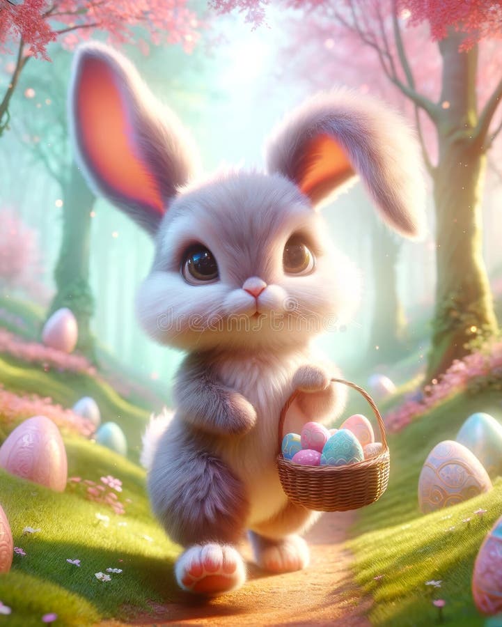 Happy Lovable Friendly Easter Bunny Adorable Cute Basket Eggs Forest ...
