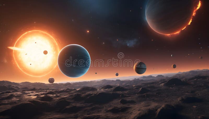 Rendering of Planets and Stars in Space Environment, with Sun, Stones ...