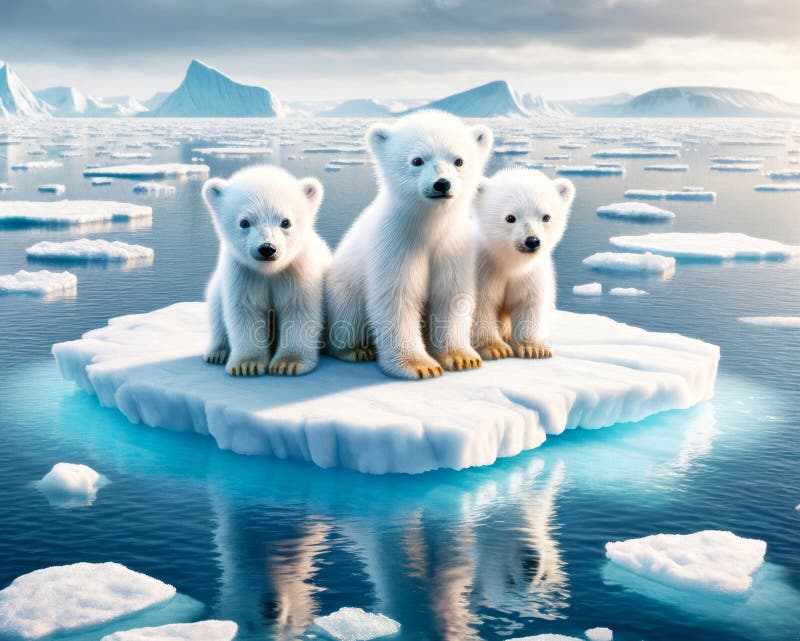 Global Warming Three Young Polar Bears North Pole Stranded Floating Ice ...