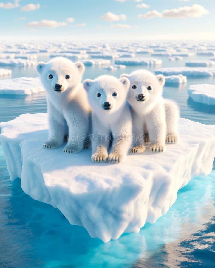 Three Young Polar Bears North Pole Stranded Global Warming Floating Ice ...