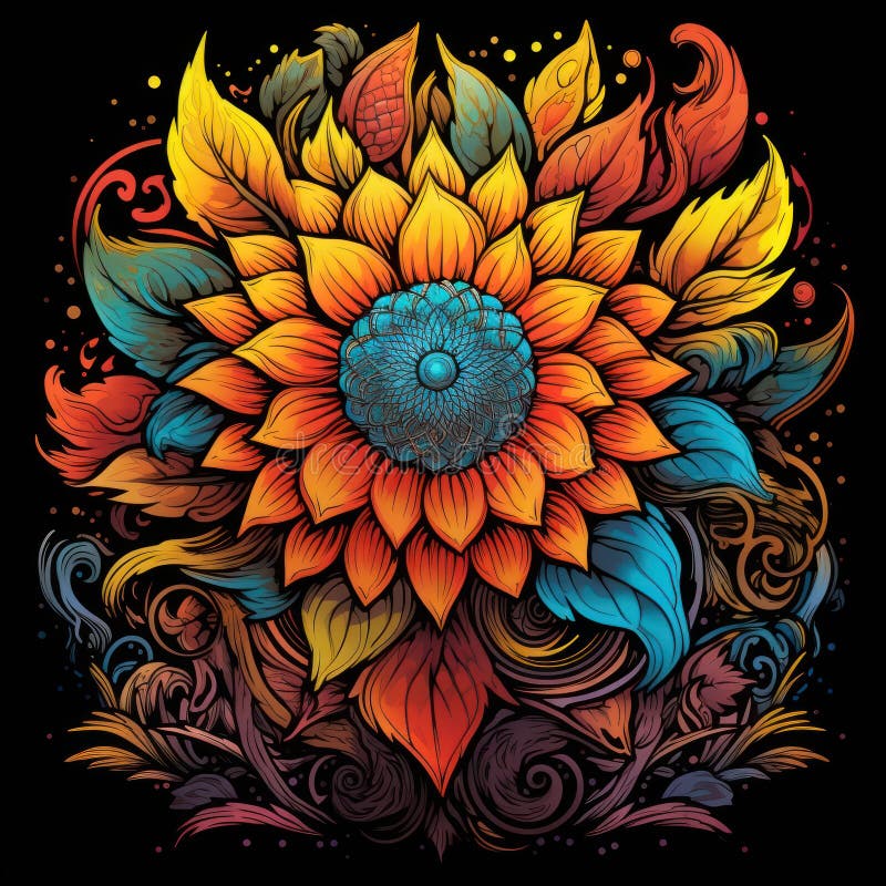 Retro Mesmerizing Psychedelic Sunflower, with Swirling Patterns, Vibrant Colors, and Psychedelic ...
