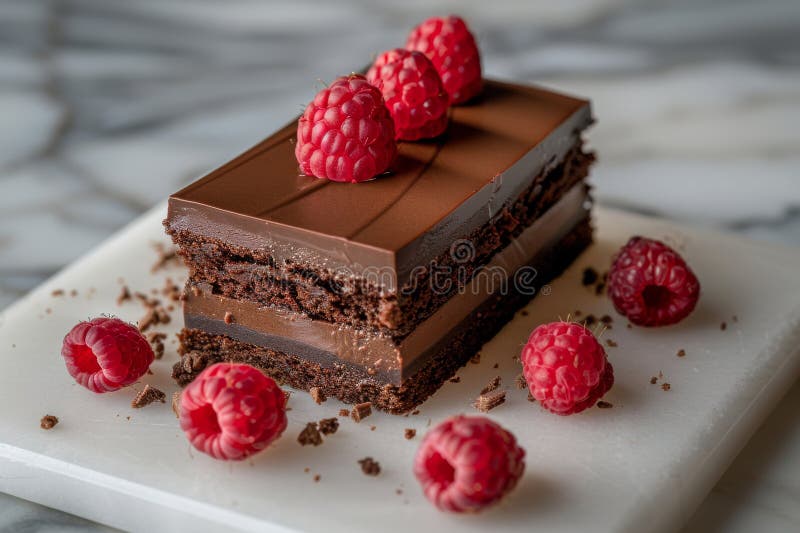 Rich Chocolate Raspberry Cake Slice Topped with Fresh Raspberries and a ...