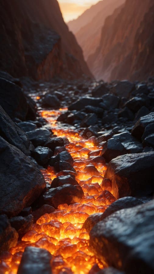 A River of Fire Flowing through a Canyon of Glowing Crystals. Stock ...