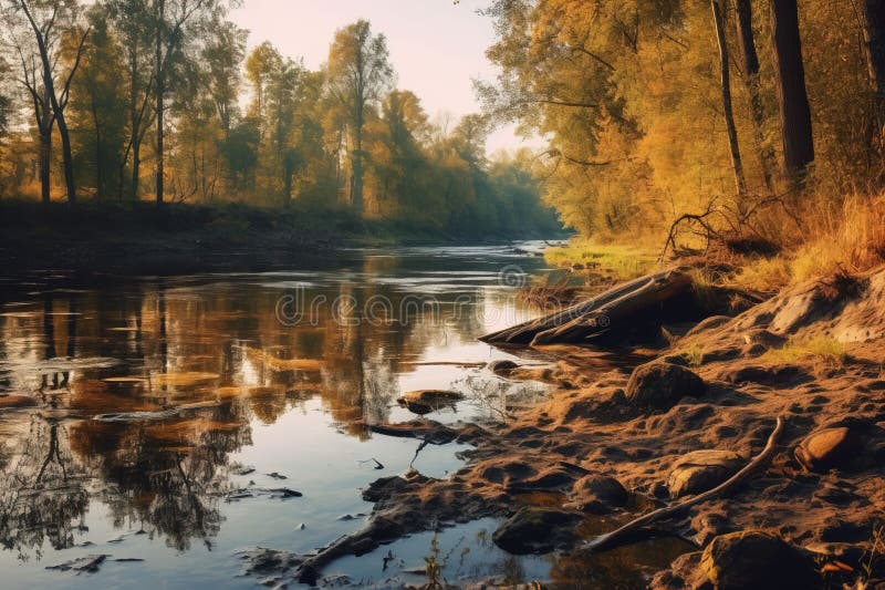 AI Generated River with Large Rocks Surrounded by Trees Stock Photo ...