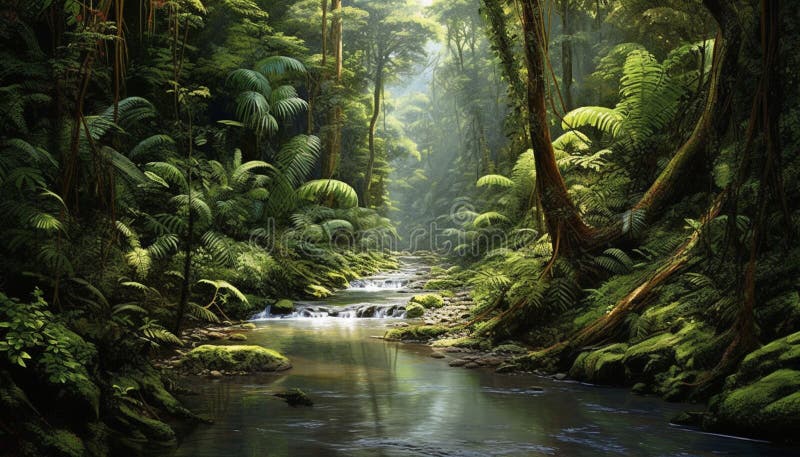 AI Generated River through a Lush Forest of Tall Trees Stock ...