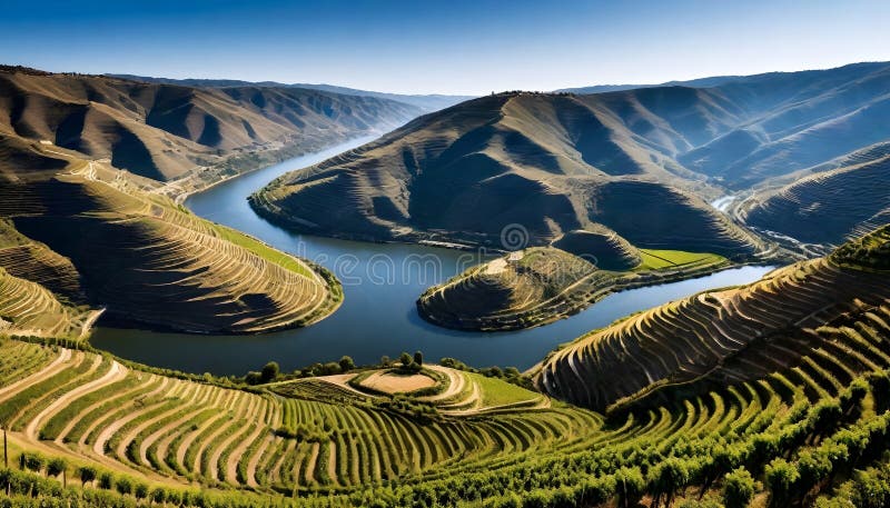 A River Runs through a Valley with Rice Terraces Stock Illustration ...