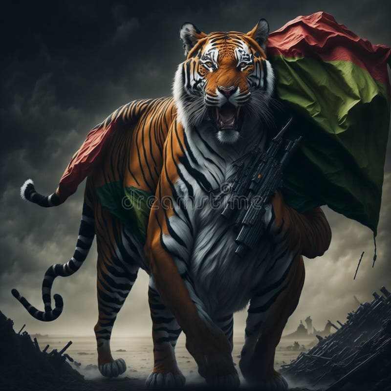AI Generated Roaring Tiger with Gun and Flag Stock Illustration ...