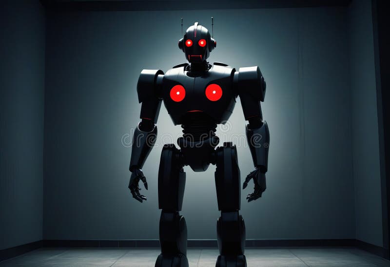 Robot in Black Combat Suit with a Red Mask of a Cyborg and Spots of ...