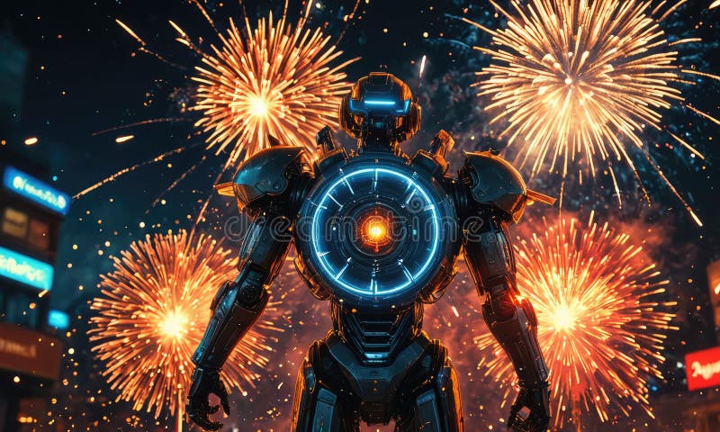 A Robot is Standing in Front of a Fireworks Display. Stock Illustration ...