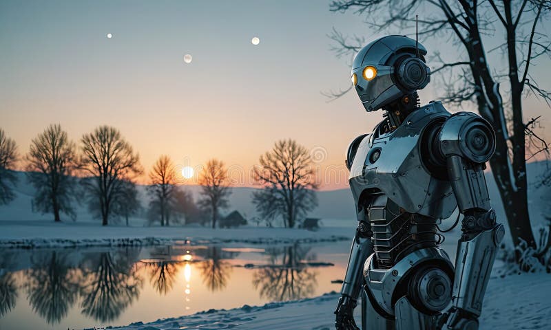 A Robot Standing in Front of a Lake at Sunset. Stock Illustration ...