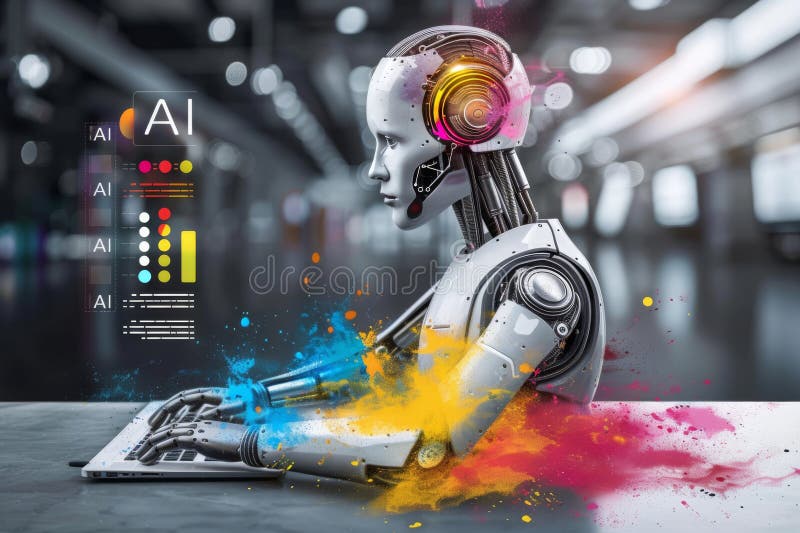 AI Robot with Colorful Interface in Modern Industrial Setting ...