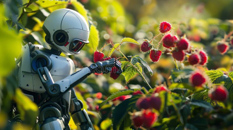 AI Generated. a Robot with Human Features Picks Raspberries from a Bush ...