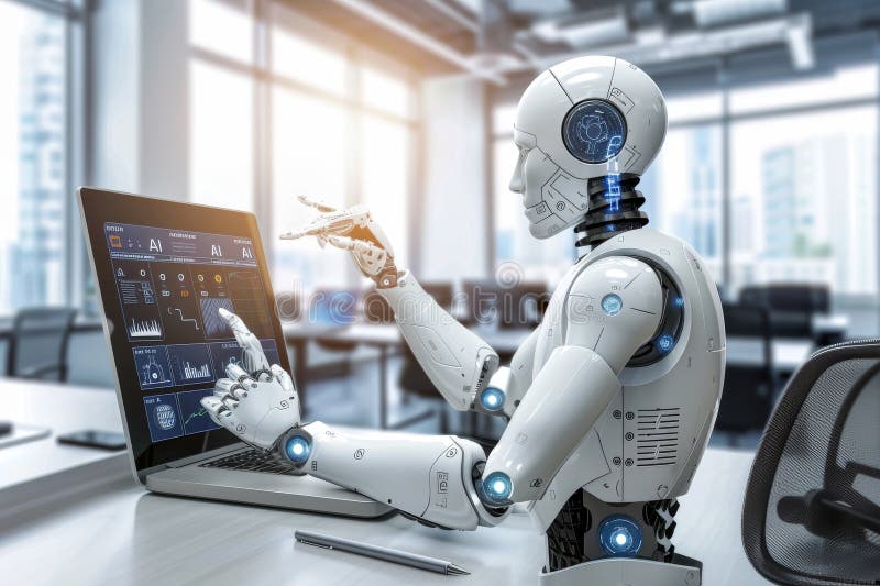 Robot Interacting with AI in Modern Office, Showcasing Collaboration ...