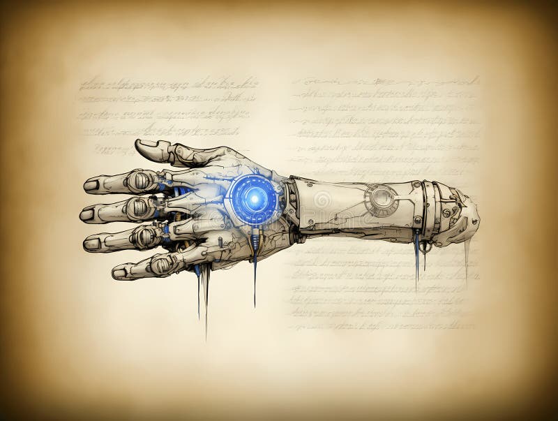 AI-Generated Robot Scroll: Mechanical Hand on Aged Parchment Stock ...