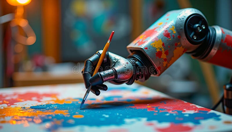 AI-generated Robotic Arm Painting on a Colorful Canvas in a Studio ...