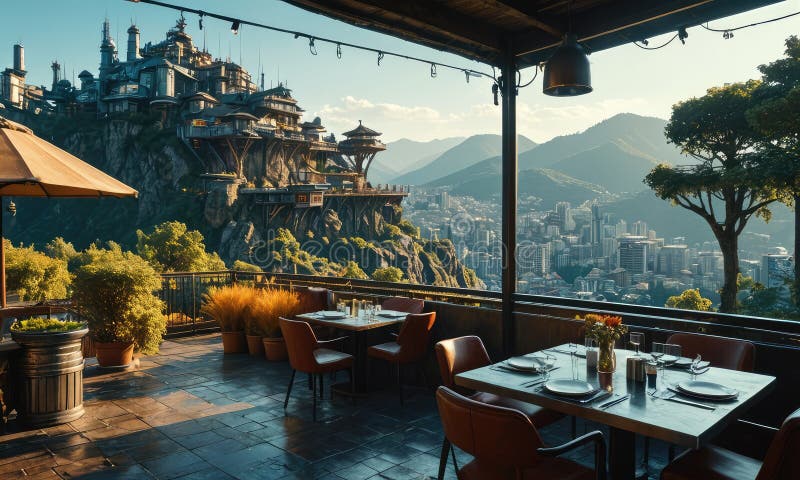 A Restaurant with a Mountain in the Background and a Castle in the ...