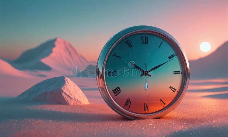 A Clock is Sitting in the Snow in Front of a Mountain. Stock ...