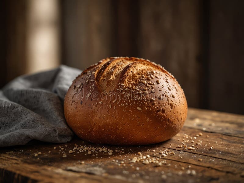 Round Rustic Whole Wheat Bread on a Wooden Table. Stock Illustration ...