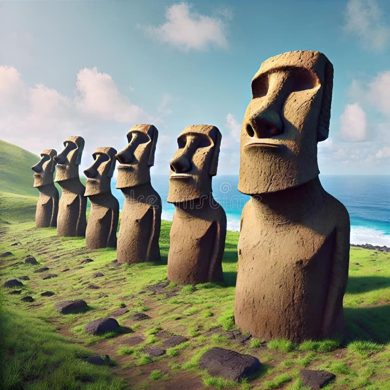AI-generated Row of Moai Statues on Easter Island with a Clear Blue Sky ...
