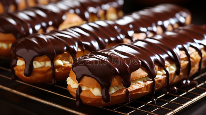 AI Generated. Rows of Chocolate-glazed Eclairs with Creamy Centers ...