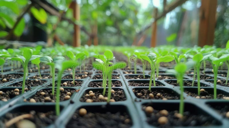 AI Generated Rows of Small Green Sprouts Growing in Seed Starter Tray ...
