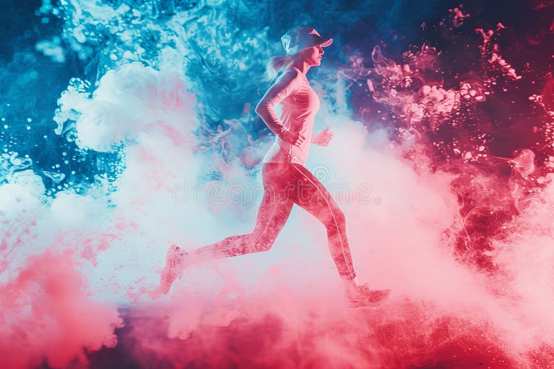 Runner with Red and Blue Neon Light Trails, Capturing Speed and Energy ...