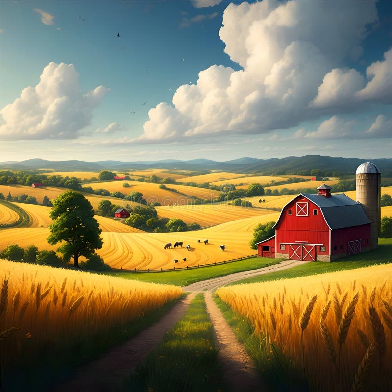 AI Generated: Rural Landscape with Red Barn, Wheat Fields, and Grazing ...