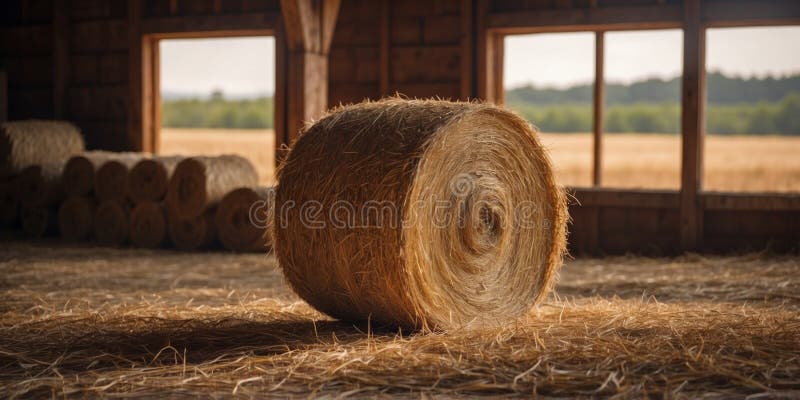 Rustic Barn Interior with Large Hay Bale Under Ambient Lighting. Stock ...