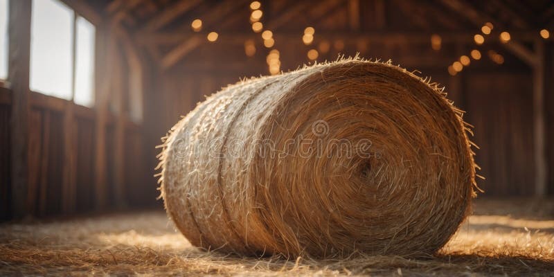 Rustic Barn Interior with Large Hay Bale Under Ambient Lighting. Stock ...