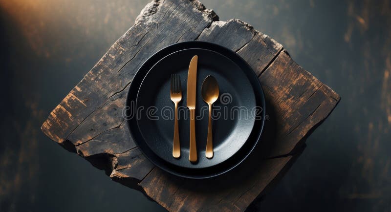 Rustic Black Dinner Plate and Cutlery Set on a Dark Textured Surface ...