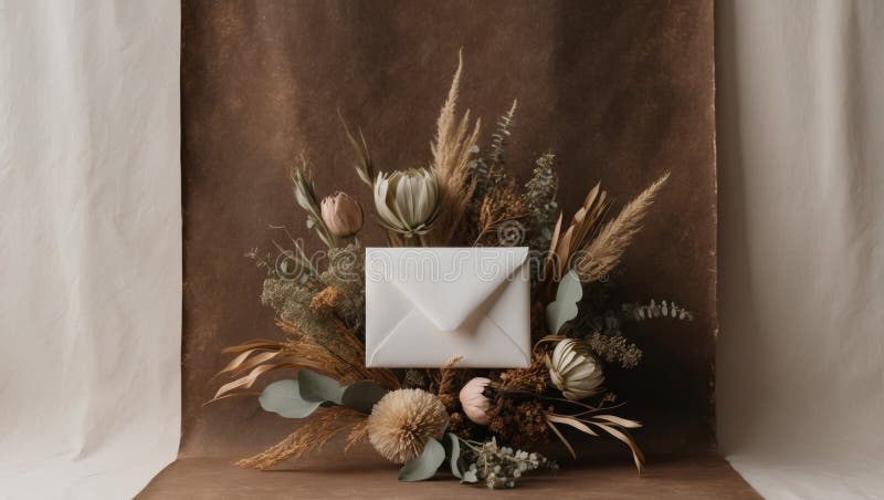 Rustic Brown Backdrop with a White Envelope Surrounded by Dried Flowers ...