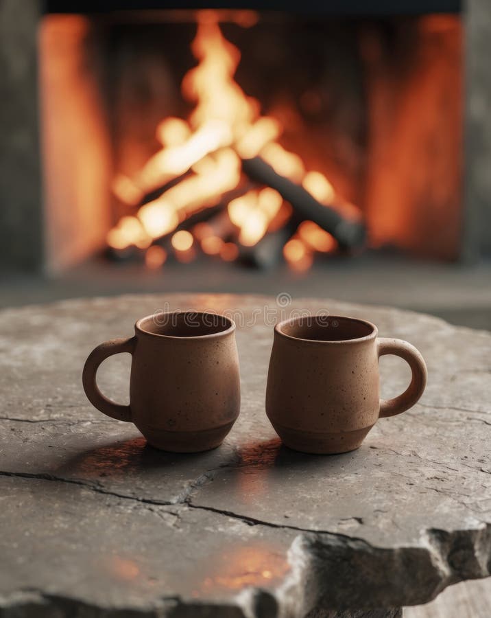 Rustic Clay Mugs Placed on Stone Table Near Cozy Fireplace Creating ...