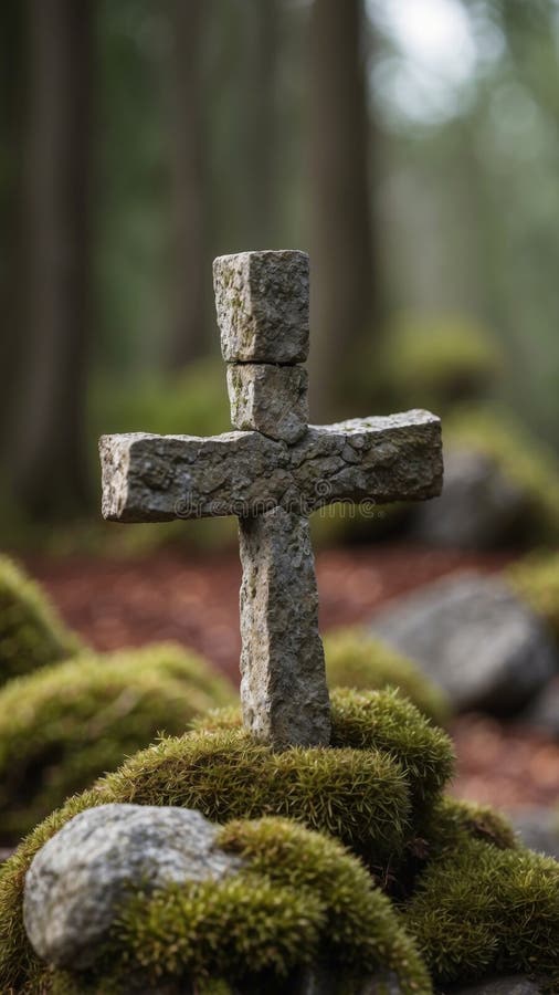 Rustic Cross Made of Rough Stone in Natural Landscape with Moss and ...