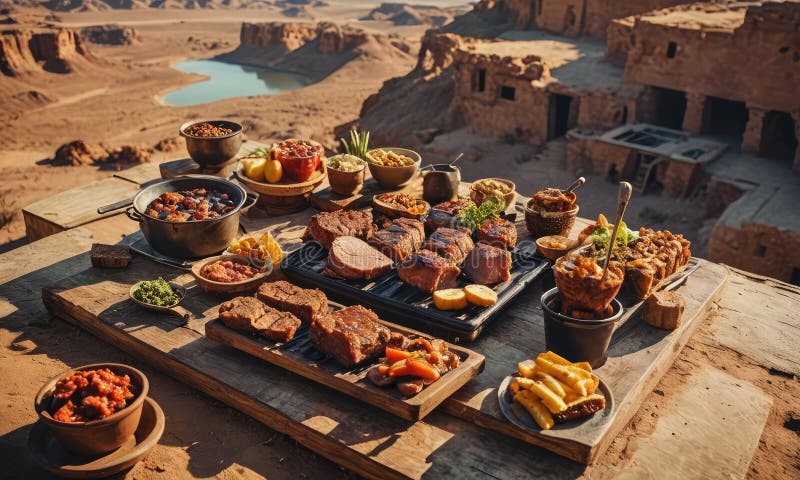 A Table Full of Food is Set Up in a Desert Area. Stock Illustration ...