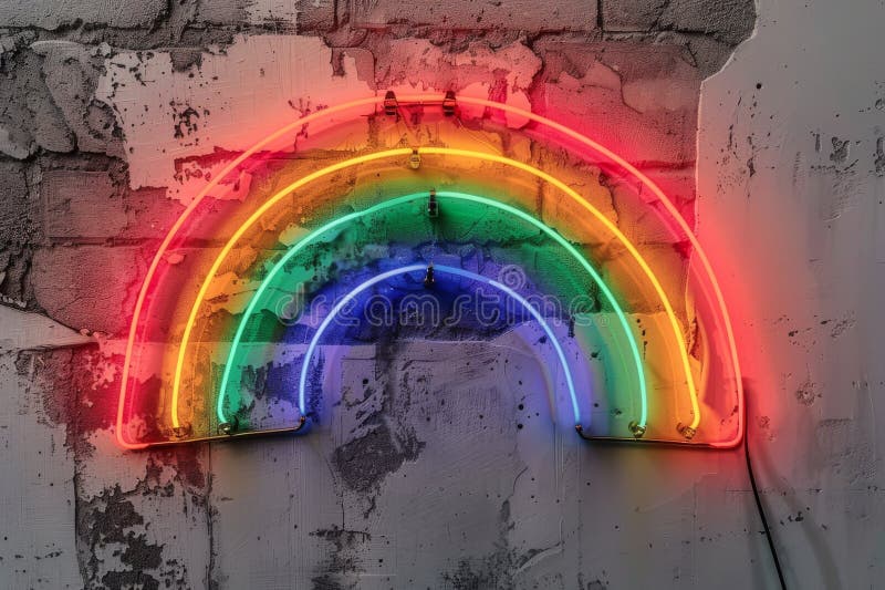 Rustic Neon Rainbow Light Installation on Cracked Wall, Creating a Bold ...