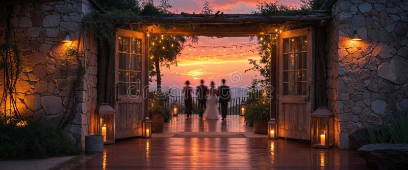 Rustic Resort Entrance at Sunset with Event Inside Stock Photo - Image ...