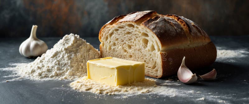 Rustic Still Life of Bread with Butter Flour and Garlic on Dark ...