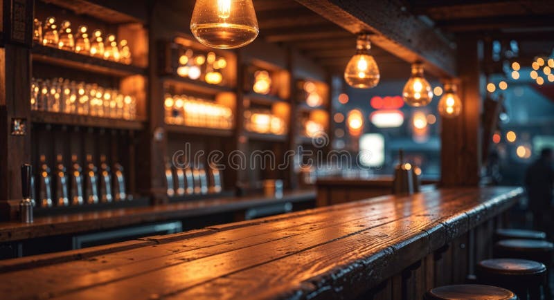Rustic Wooden Bar Counter Illuminated by Warm Lights in a Lively Tavern ...