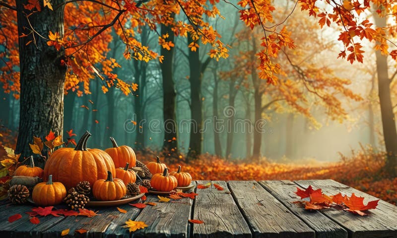 A Table with Pumpkins and Leaves on it in a Forest. Stock Illustration ...